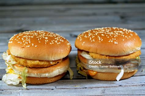 빵가루 입힌 치킨 패티 바삭한 양상추 녹는 치즈 양파 피클 구운 참깨 빵 사이에 액자를 얹은 소스의 맛있는 조합 더블 치킨 버거 샌드위치 가금류에 대한 스톡 사진 및 기타