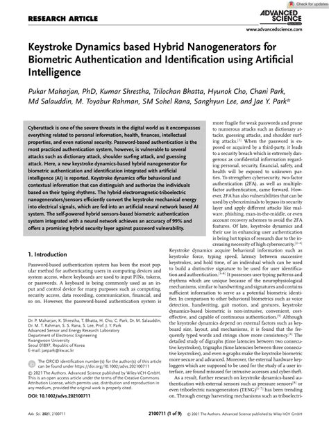 Pdf Keystroke Dynamics Based Hybrid Nanogenerators For Biometric Authentication And