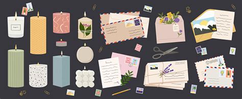 향기로운 불타는 양초와 꽃과 문구로 우편물을 우편물 세트 밀랍 파라핀 항아리 용기 기둥에 콩 왁스 양초 제로 웨이스트 에코 선물 손으로 벡터 일러스트 레이 션 그리기 개체