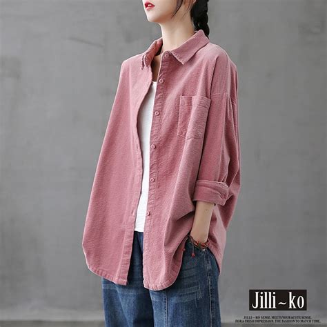 Jilli Ko 文藝復古燈芯絨襯衫外套 西瓜紅 長袖 Yahoo奇摩購物中心