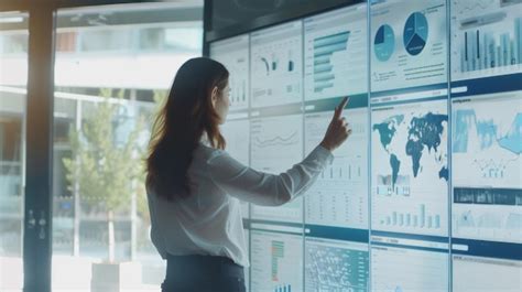 Premium Photo Professional Woman Analyzes Data On Interactive Screens In A Hightech Environment