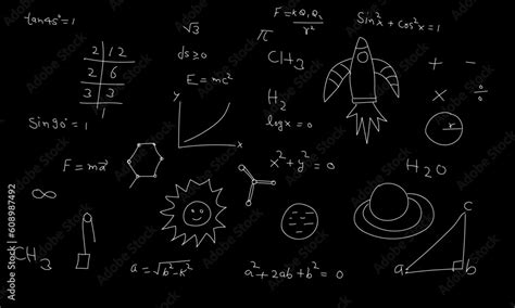 Black Board Hand Written Maths Science Formula And Diagram Doodle Hand Drawn Teachers Day Art