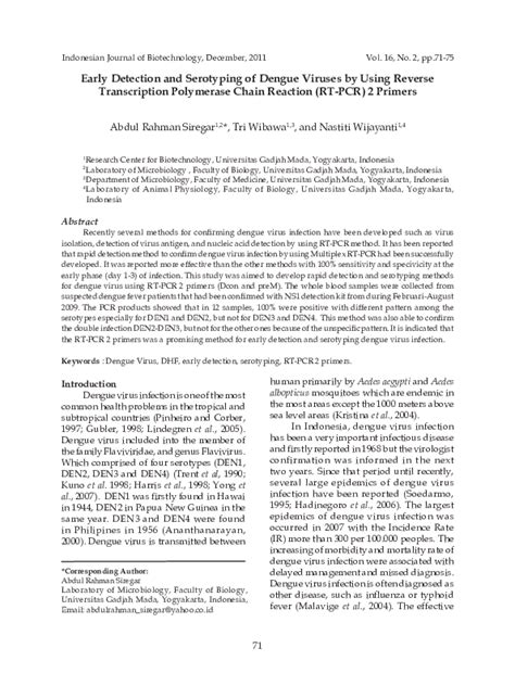 Pdf Early Detection And Serotyping Of Dengue Viruses Clinical