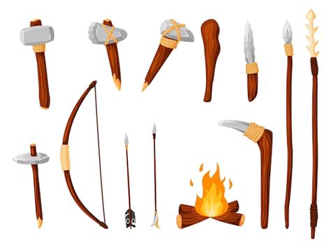 사냥 작업 도구 및 화재 세트를 위한 고대 시대의 석기 흰색 배경에 고립 된 화살촉 선사 시대 원시인 악기 벡터 일러스트와 함께 만화 망치 도끼 화살표와 창