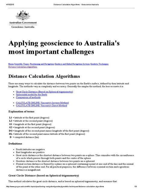 Distance Calculation Algorithms Geoscience Australia Pdf Latitude Longitude