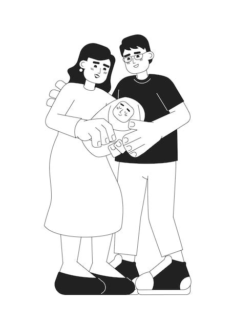 엄마 아빠 신생아 단색 벡터 자리 그림 웹 Ui 디자인을 위한 아기와 부모 2d 플랫 Bw 만화 캐릭터 커플 지주 아기 유아