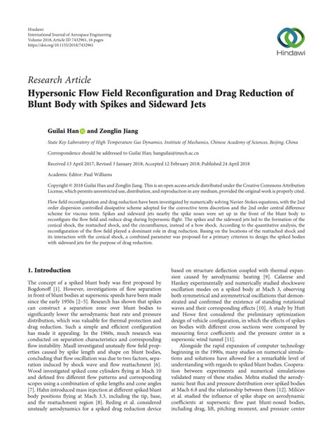 Pdf Hypersonic Flow Field Reconfiguration And Drag Reduction Of Blunt Body With Spikes And