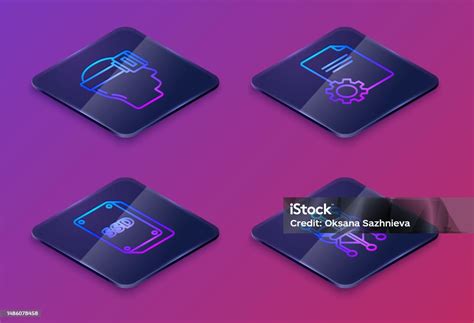 아이소메트릭 라인 가상 현실 안경 Ssd 카드 파일 문서 및 프로세서를 설정합니다 파란색 사각형 버튼입니다 벡터 3차원 형태에 대한 스톡 벡터 아트 및 기타 이미지 Istock