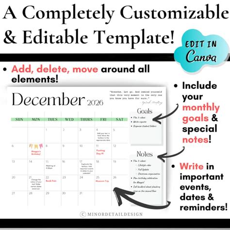 December 2026 Calendar Editable Calendar 2026 Modern December Calendar