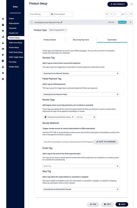 SALES Product Setup Tab In AccessAlly KB AccessAlly