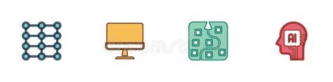 Set Neural Network Computer Monitor And Humanoid Robot Icon Vector Stock Illustration