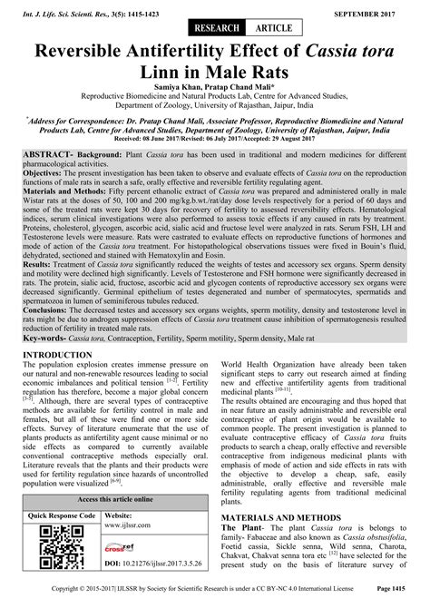 Reversible Antifertility Effect Of Cassia Tora Linn In Male Rats Pdf