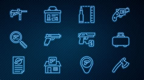 세트 라인 나무 도끼 무기 케이스 총알 권총 또는 총 검색 기관단 M3 구입 권총과 군사 탄약 상자 아이콘 벡터 검색에 대한 스톡 벡터 아트 및 기타 이미지 Istock