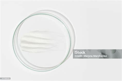 밝은 배경에 페트리 접시입니다 흰색 크림이 번져 있습니다 화장품 크림 얼굴 마스크 크림 질감 위에서 본 모습 페트리 접시에 대한