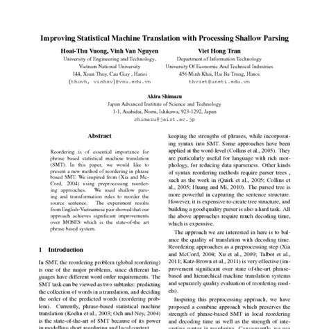Improving Statistical Machine Translation With Processing Shallow Parsing Acl Anthology