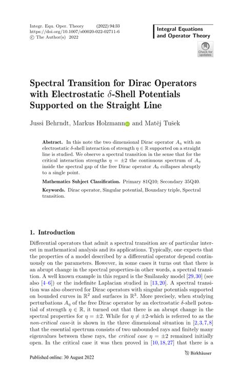 Pdf Spectral Transition For Dirac Operators With Electrostatic Delta Shell Potentials