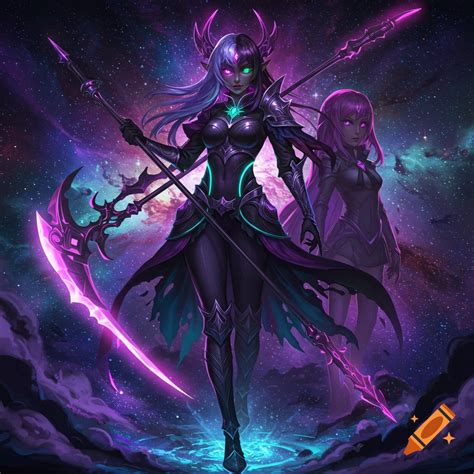 A Dark Fantasy Anime Girl With Neon Armor Glowing Scythe And Spear