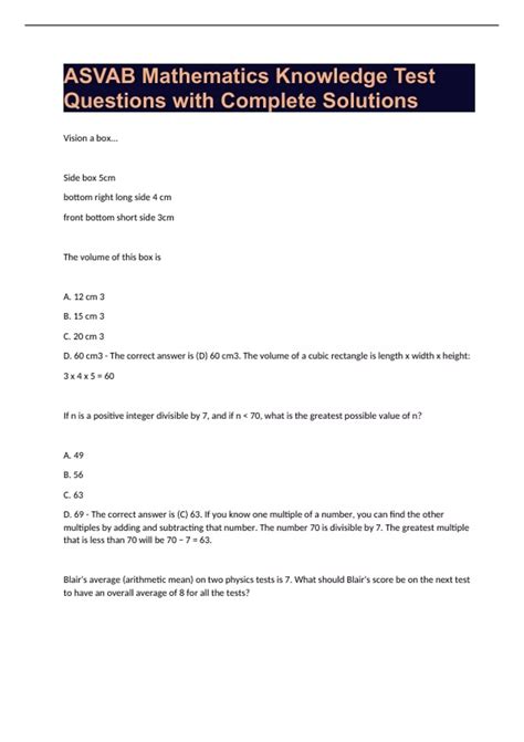 Asvab Mathematics Knowledge Test Questions With Complete Solutions