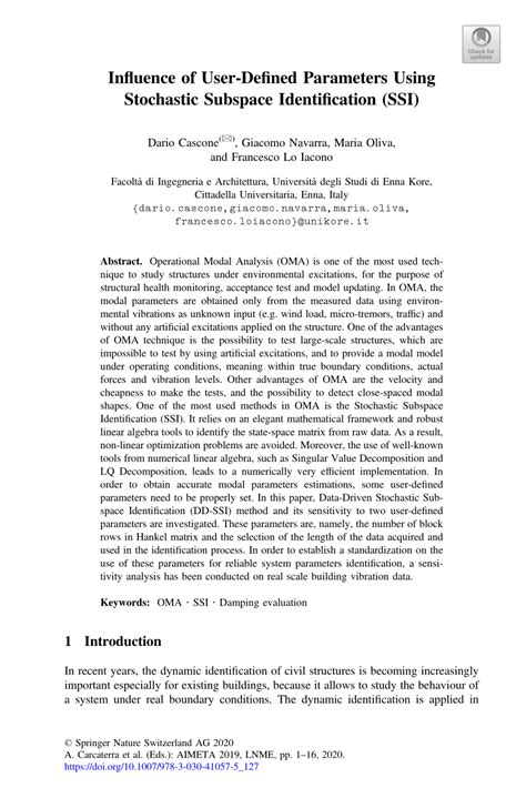 Pdf Influence Of User Defined Parameters Using Stochastic Subspace Identification Ssi