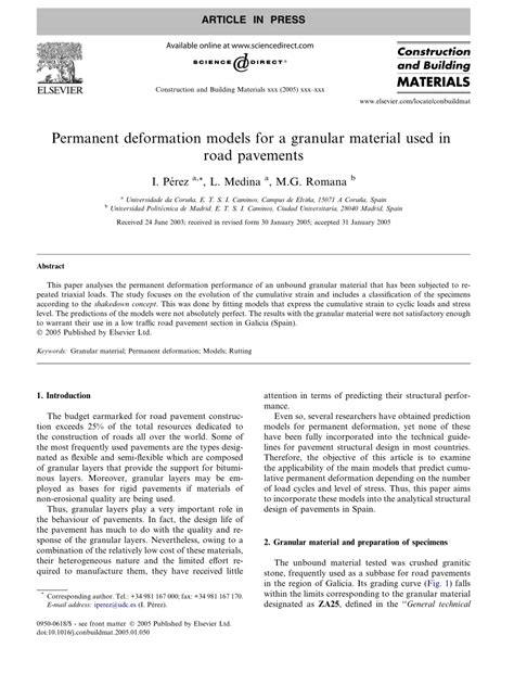 Pdf Permanent Deformation Models For A Granular Material Used In Road Pavements
