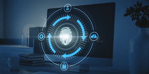 Close Up Of Computer On Desktop With Abstract Glowing Fingerprint Id Scanning Interface On