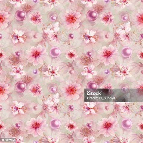 결혼식 생일 국제 여성의 날 하나미 봄 휴일 발렌타인 데이 장식에 대 한 벚꽃 꽃과 진주의 손으로 그린 그림과 수채화 핑크 완벽 한 패턴 Hanami에 대한 스톡 벡터 아트