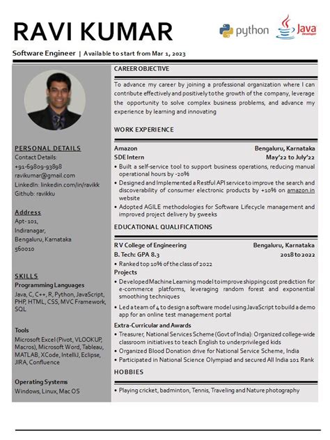 Be Computer Science Fresher Best Resume Format