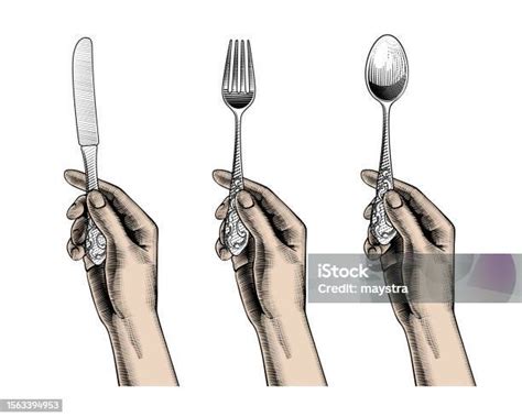 칼을 들고 있는 새겨진 여성의 손은 식탁용 칼 숟가락 포크를 들고 있습니다 개념에 대한 스톡 벡터 아트 및 기타 이미지 개념 개념 기호 개인 장식품 Istock