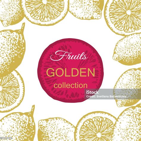 빈티지 스타일에 레몬 벡터 일러스트입니다 배너 텍스트에 대 한 장소와 레몬의 금 조각으로 음식 과자 에코 자연 제품 약국 화장품 바디 케어 제품 서명 카드 포장을 위한