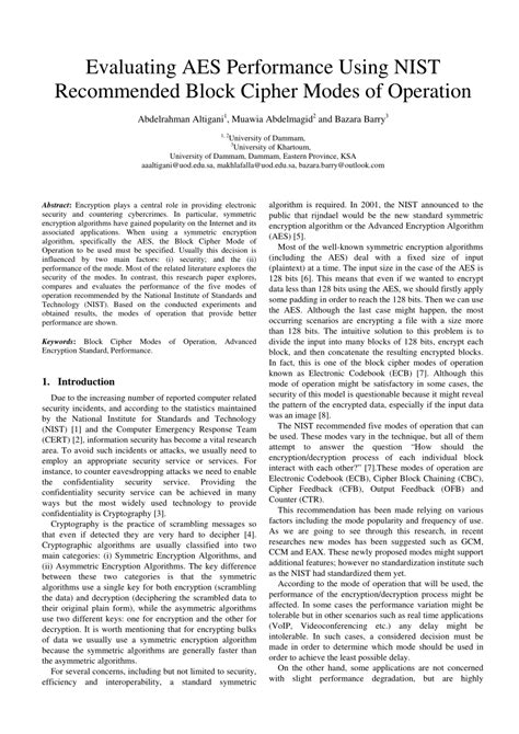 Pdf Evaluating Aes Performance Using Nist Recommended Block Cipher Modes Of Operation