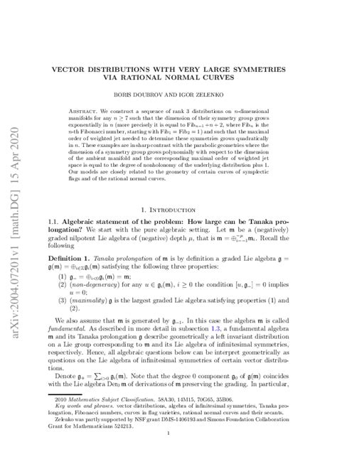 Pdf Vector Distributions With Very Large Symmetries Via Rational Normal Curves Igor Zelenko