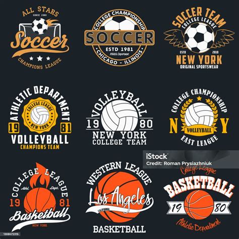 스포츠 게임 타이포그래피 축구 배구 및 농구 티셔츠 디자인을 위한 운동 프린트 세트 스포츠 의류그래픽 티셔츠 배지 컬렉션 벡터