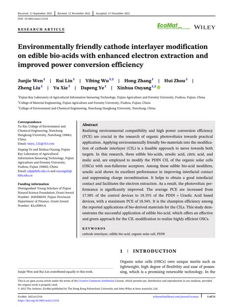 Pdf Environmentally Friendly Cathode Interlayer Modification On