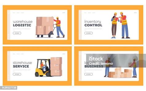 산업 창고 물류 및 머천다이징 랜딩 페이지 템플릿 세트 작업자 문자 로딩 박스 개념에 대한 스톡 벡터 아트 및 기타 이미지 개념 공급망 공장 산업 건물 Istock