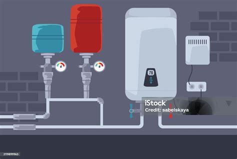 흰색 보일러 펌프 팽창 탱크 파이프 벡터 일러스트 레이 션 집 전기 온난화 아쿠아 장비 난방 시스템 가정 생활에 대한 스톡 벡터
