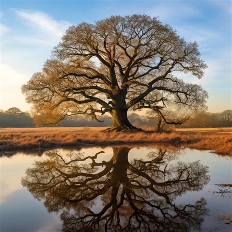 Premium AI Image A Large Tree With Its Reflection In Water