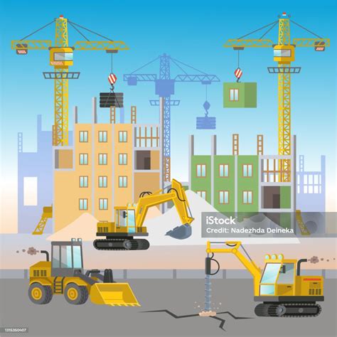 건설 기계건설 현장 크레인 드릴 로더 불도저 드릴링 트랙터 플랫 벡터 그림입니다 개념에 대한 스톡 벡터 아트 및 기타 이미지