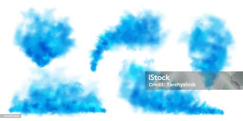 흰색 배경에 고립 된 푸른 다채로운 연기 구름 현실적인 안개 효과 안개 공기 중의 증기 증기 흐름 벡터 일러스트 레이 션 0명에 대한 스톡 벡터 아트 및 기타 이미지