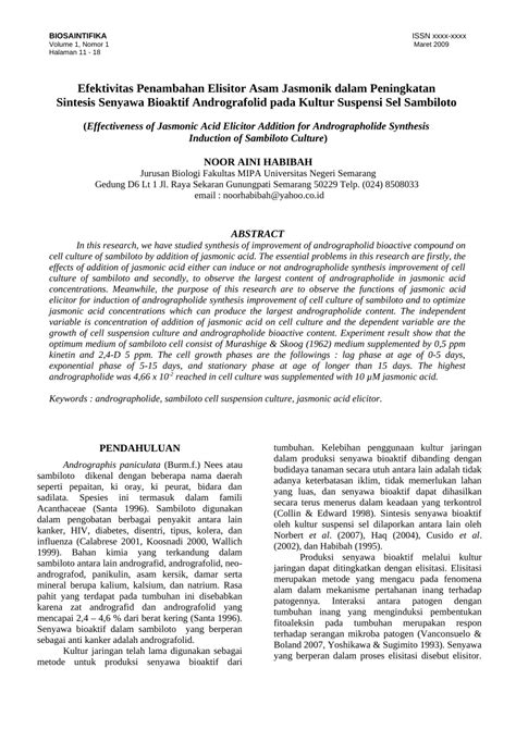 Pdf Fektivitas Penambahan Elisitor Asam Jasmonik Dalam Peningkatan Sintesis Senyawa Bioaktif