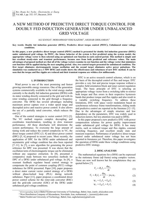 Pdf A New Method Of Predictive Direct Torque Control For Doubly Fed Induction Generator Under