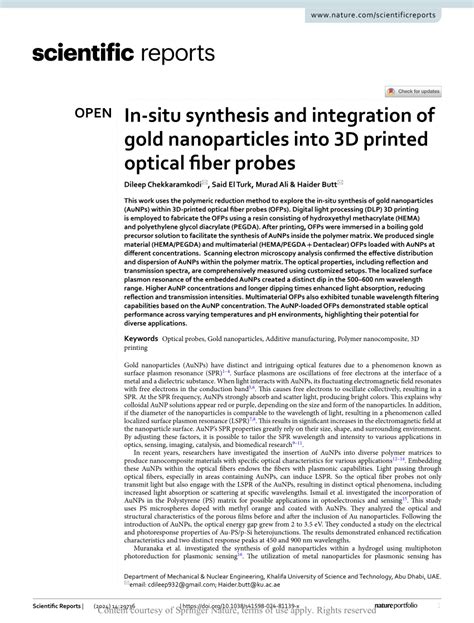 Pdf In Situ Synthesis And Integration Of Gold Nanoparticles Into 3d Printed Optical Fiber Probes