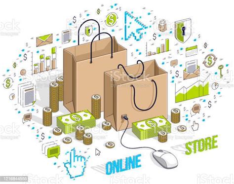 온라인 상점 개념 웹 스토어 인터넷 판매 Pc 마우스가 흰색에 격리 된 Pc 마우스와 쇼핑 백 아이콘 통계 차트 및 디자인 요소와 아이소메트릭 3d 벡터 금융 그림 3차원