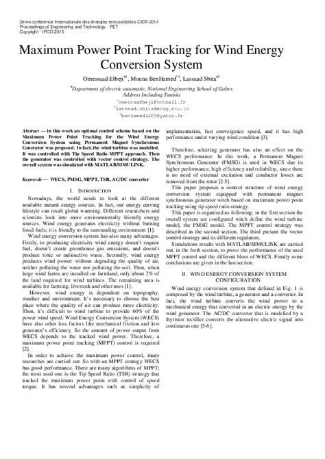 Pdf Maximum Power Point Tracking For Wind Energy Conversion System