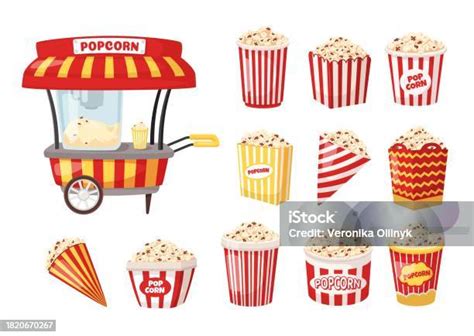 만화 팝콘 기계와 상자 영화 식품 매장 팝콘 스탠드 다양한 크기의 포장 용기 벡터 일러스트 레이 션 세트 가득 찬에 대한 스톡 벡터 아트 및 기타 이미지 Istock