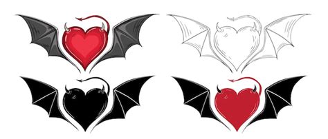 Premium Vector Red Heart With Devilish Wings And Tail Horns On The Head In Four Variants