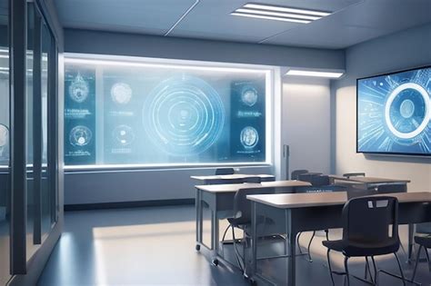 Premium Photo Futuristic Classroom Security Biometric Access And Ai Surveillance
