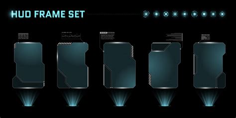 Hud 디지털 미래 사용자 인터페이스 스퀘어 프레임 세트 공상 과학 하이테크 스크린 홀로그램 대시보드 패널을 모니터링하는 게이밍 메뉴 사이버 공간 헤드업 디스플레이 기술