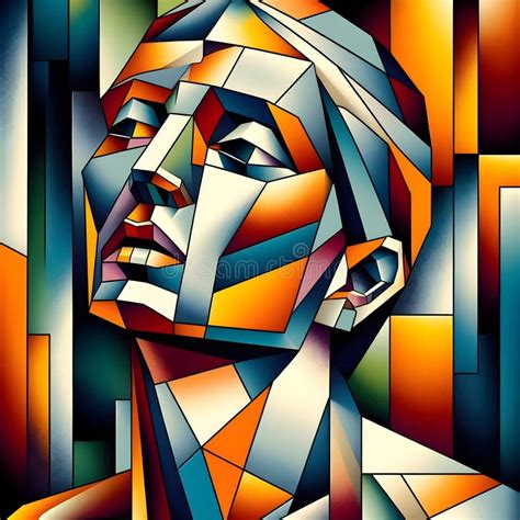 Geometric Portrait Of Woman Looking Up Cubism Style Illustration Stock