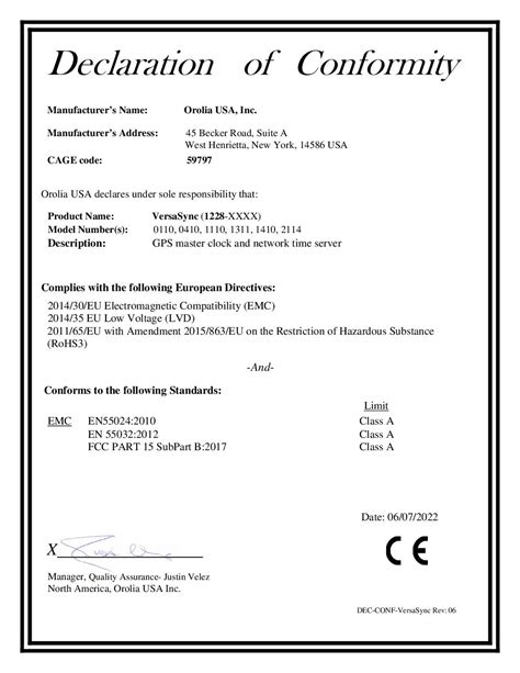 Declaration Of Conformity For VersaSync Safran Navigation And Timing