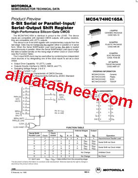 MC74HC165A Datasheet PDF Motorola Inc MC74HC165A Datasheet PDF Motorola Inc